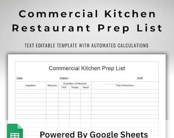 Prep & Par List Template, Food Prep List, Prep List Template, Editable Kitchen Template, Kitchen ...