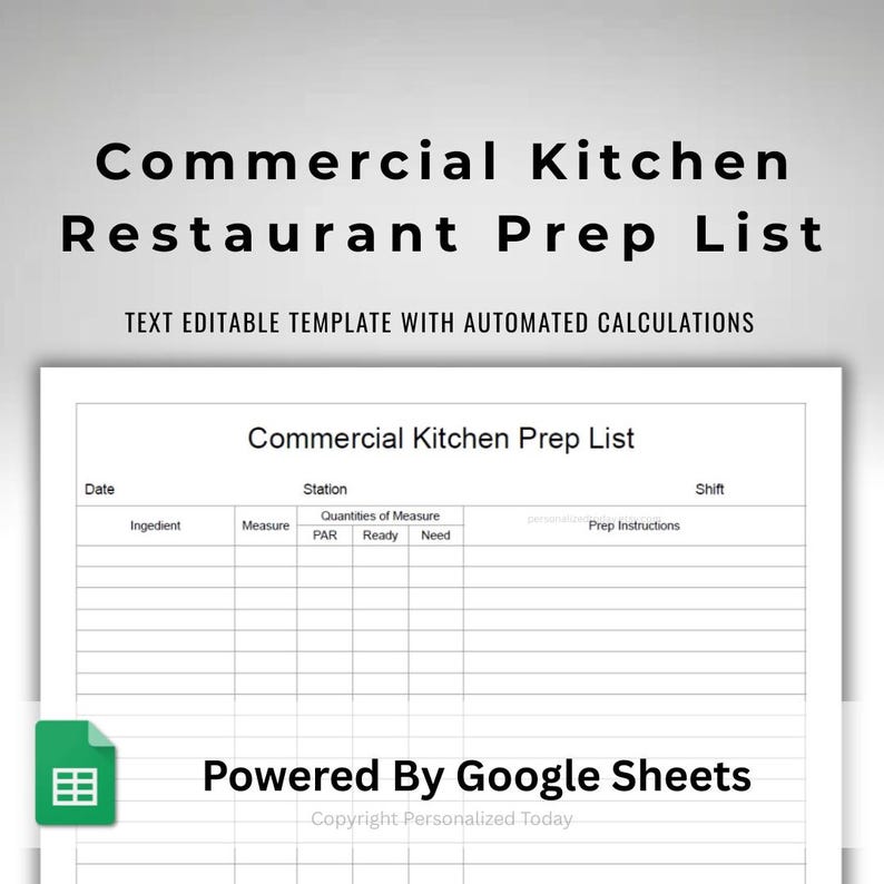 Commercial Kitchen Prep List - Restaurant Prep Sheet - Ingredient ...