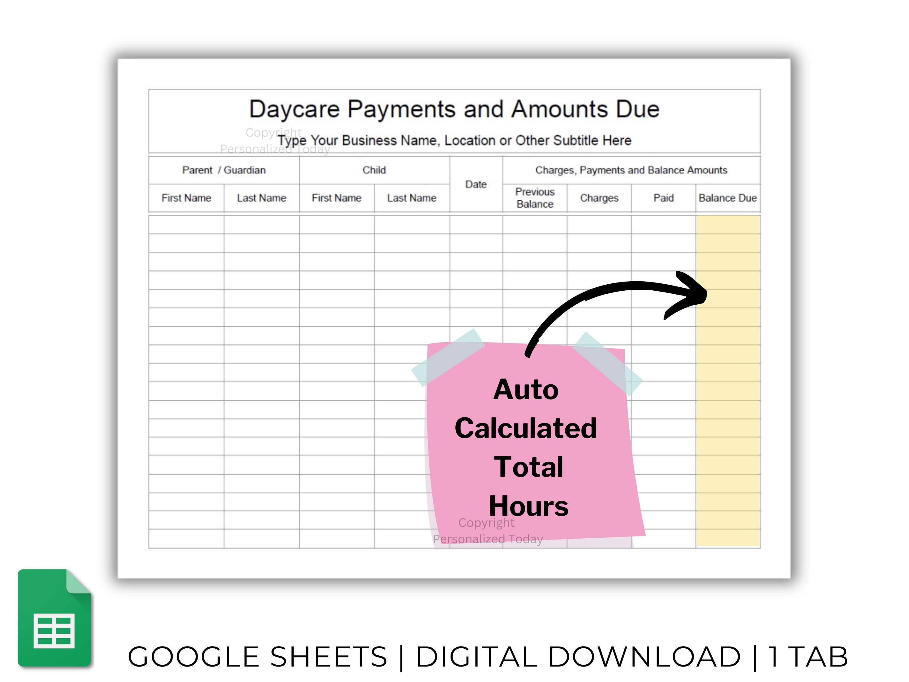 Daycare Business Parent Payments Tracker and Childcare Bill Amounts Due ...