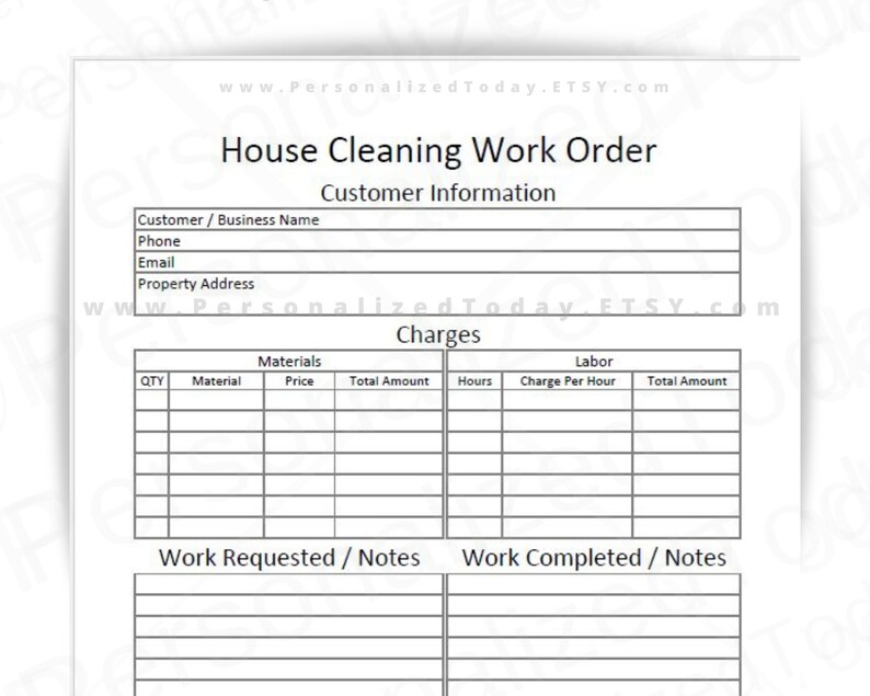 House Cleaning Work Order Printable and Fillable PDF Download - Etsy