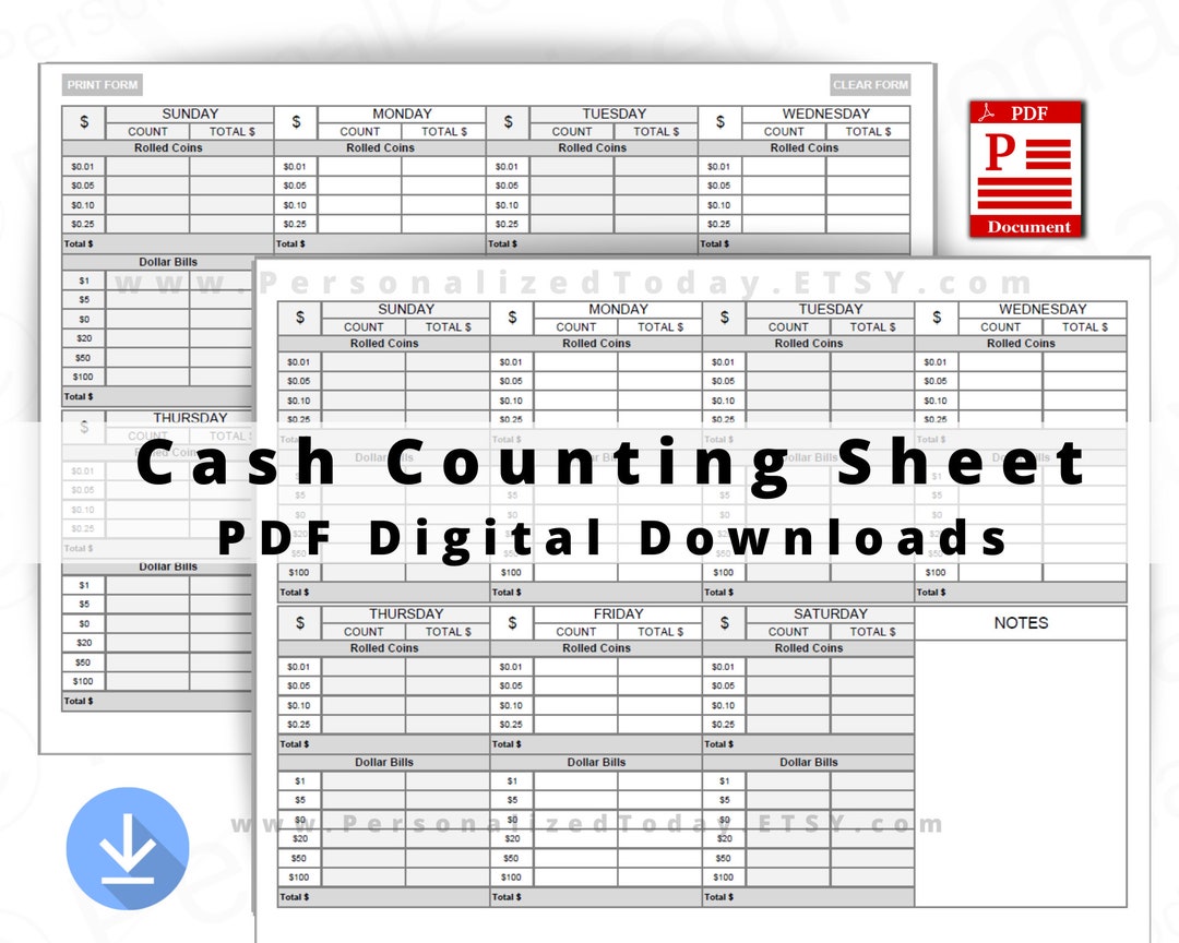 Printable Starting Cash Count Sheet Fillable and Print and Write PDF ...