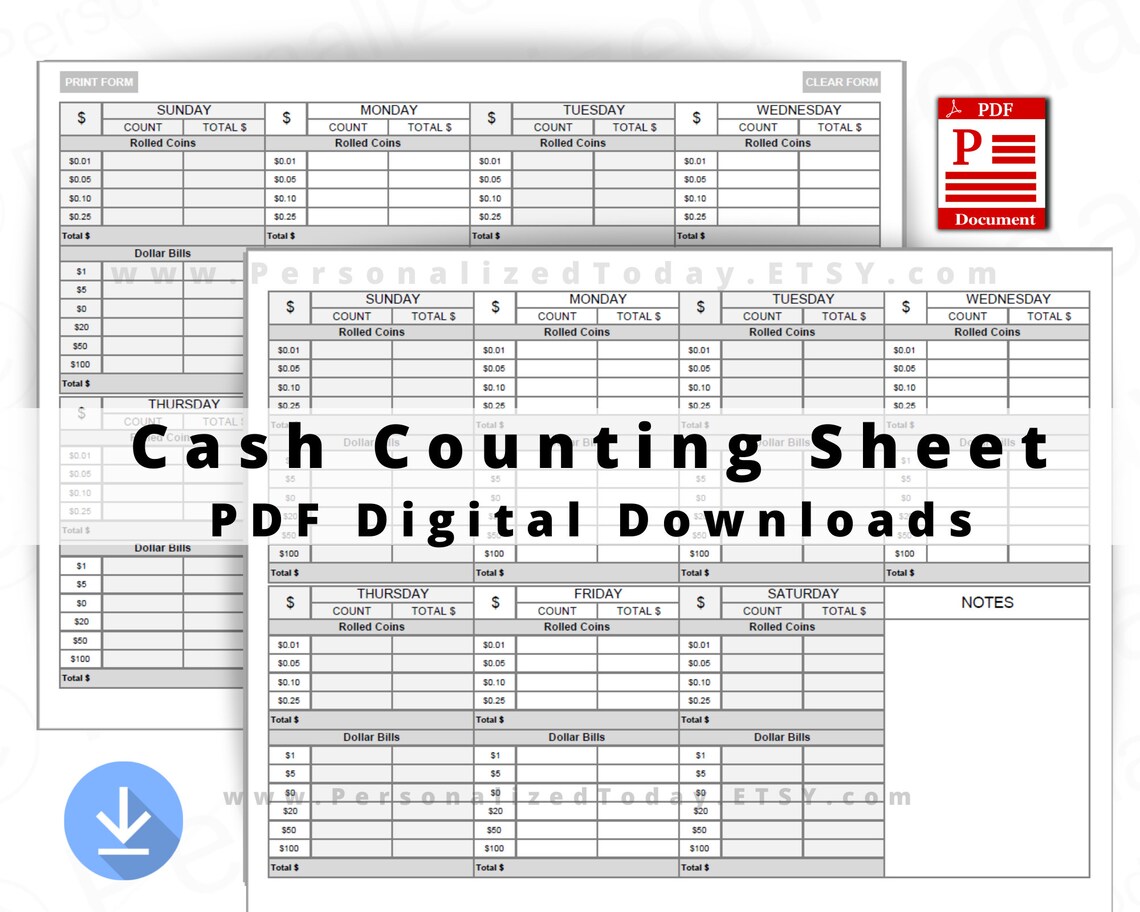 Printable Starting Cash Count Sheet Fillable and Print and Write PDF ...
