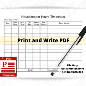 Housekeeper Hours Timesheet Fillable and Print and Write PDF | Etsy