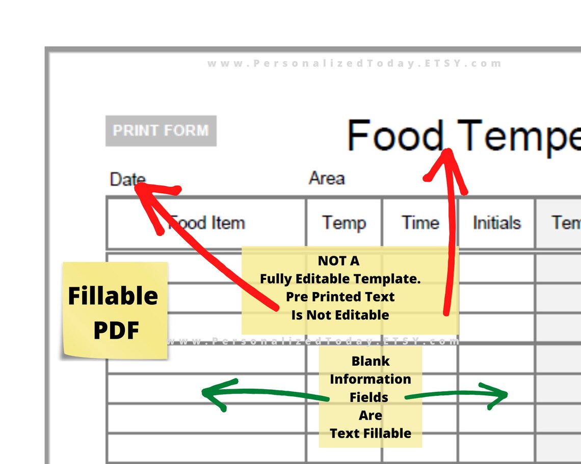 PDF Food Service Temperatures Log Printable Only and Fillable Digital ...