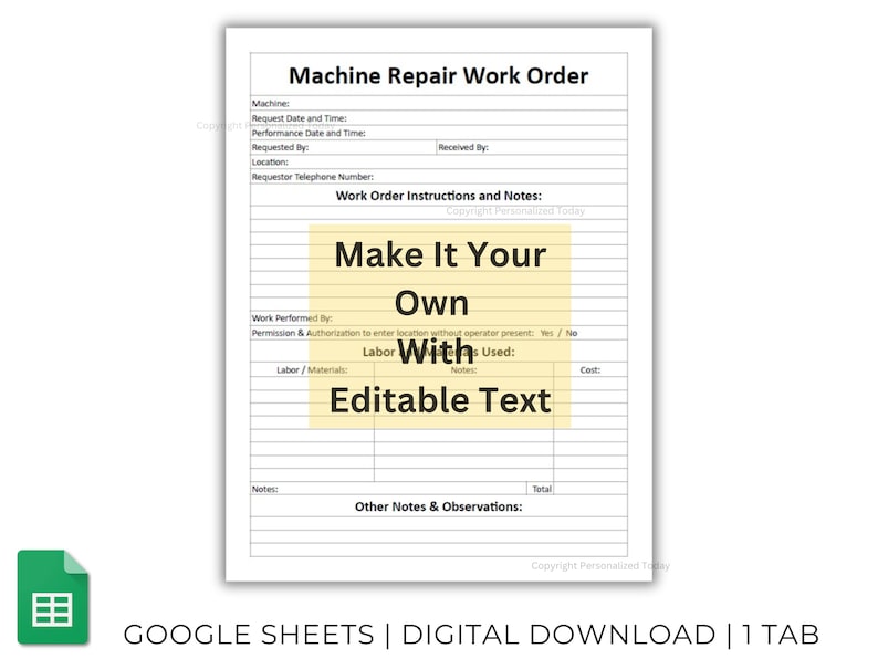 Basic Machine Work Order Form Equipment Service and Repair Technician ...