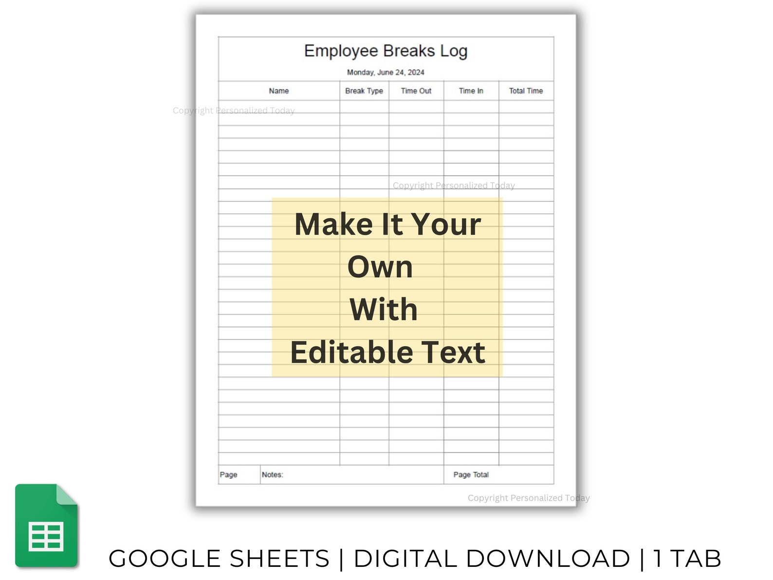 Employee Break Times Recording Sheet Staff Lunch Breaks Time Tracker ...
