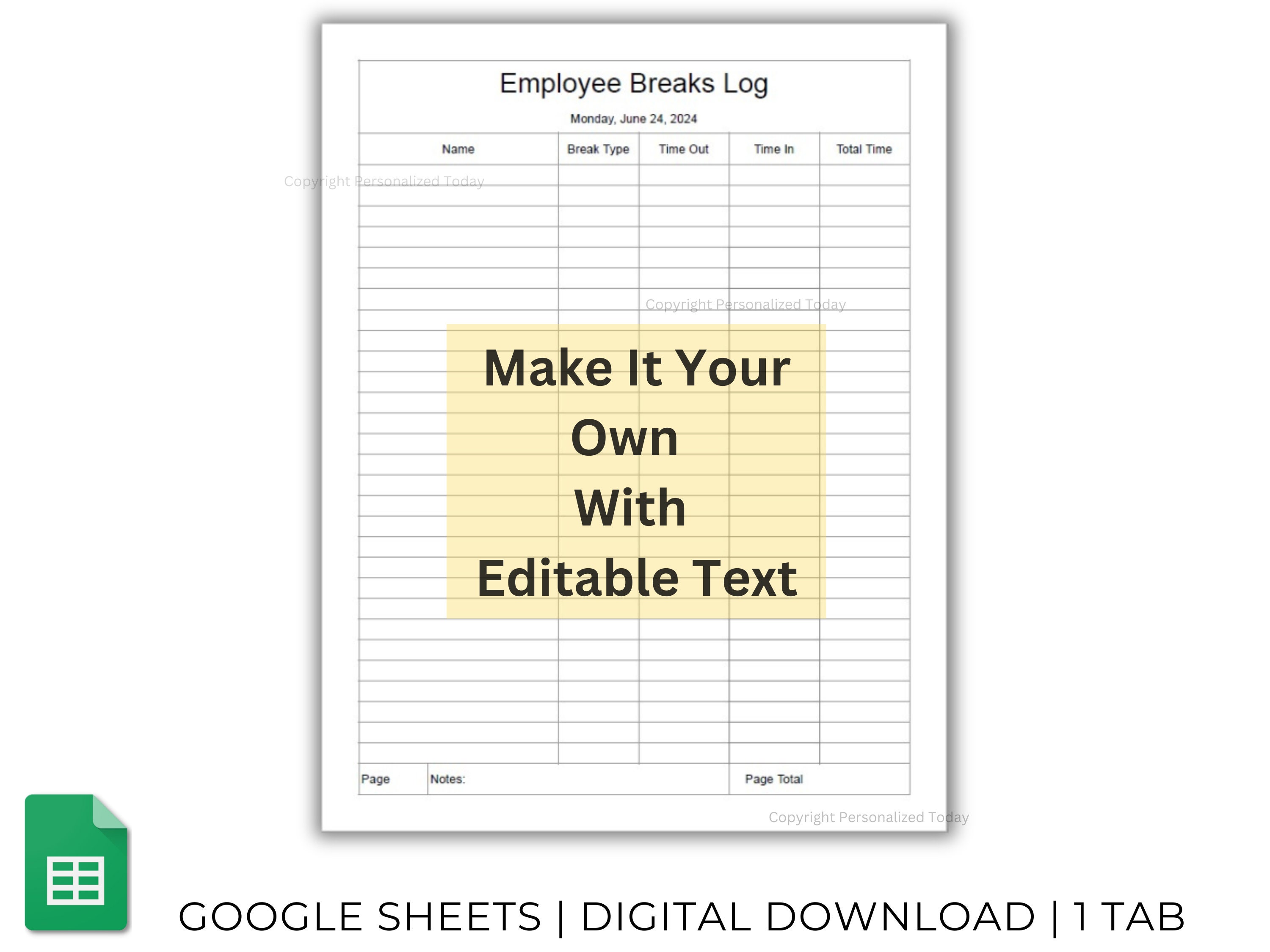 Employee Break Times Recording Sheet Staff Lunch Breaks Time Tracker ...