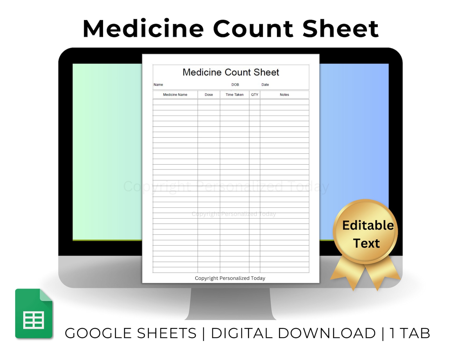 Medicine Count Sheet Daily Medication Times and Doses Tracker for One ...
