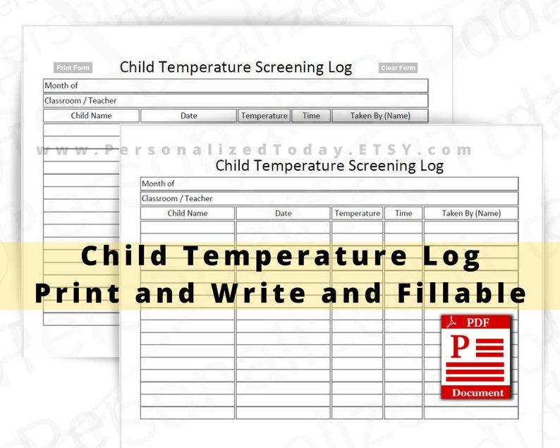 Monthly Child Temperature Screening Log Printable and Fillable - Etsy