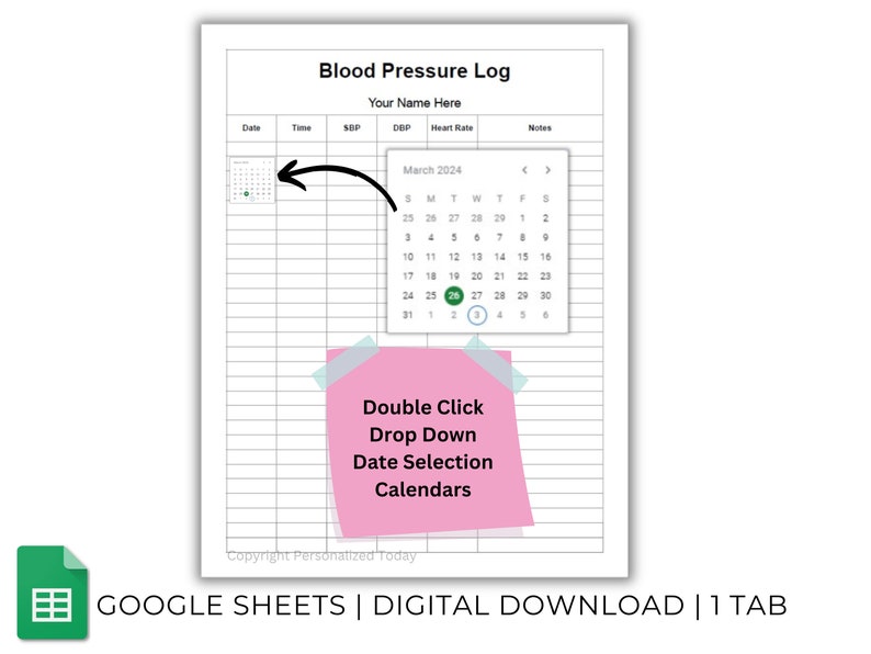 Blood Pressure Log With SBP, DBP, Time and Heart Rate Health Tracker ...