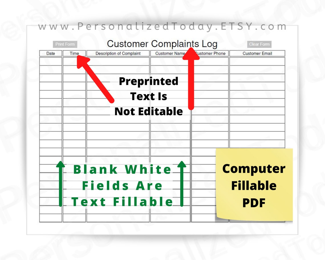 Customer Complaints Tracker Fillable and Print and Write PDF - Etsy
