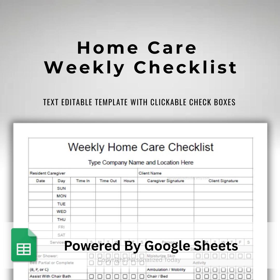 Daily Weekly Home Care Checklist and Timesheet Caregiving Sunday Start ...