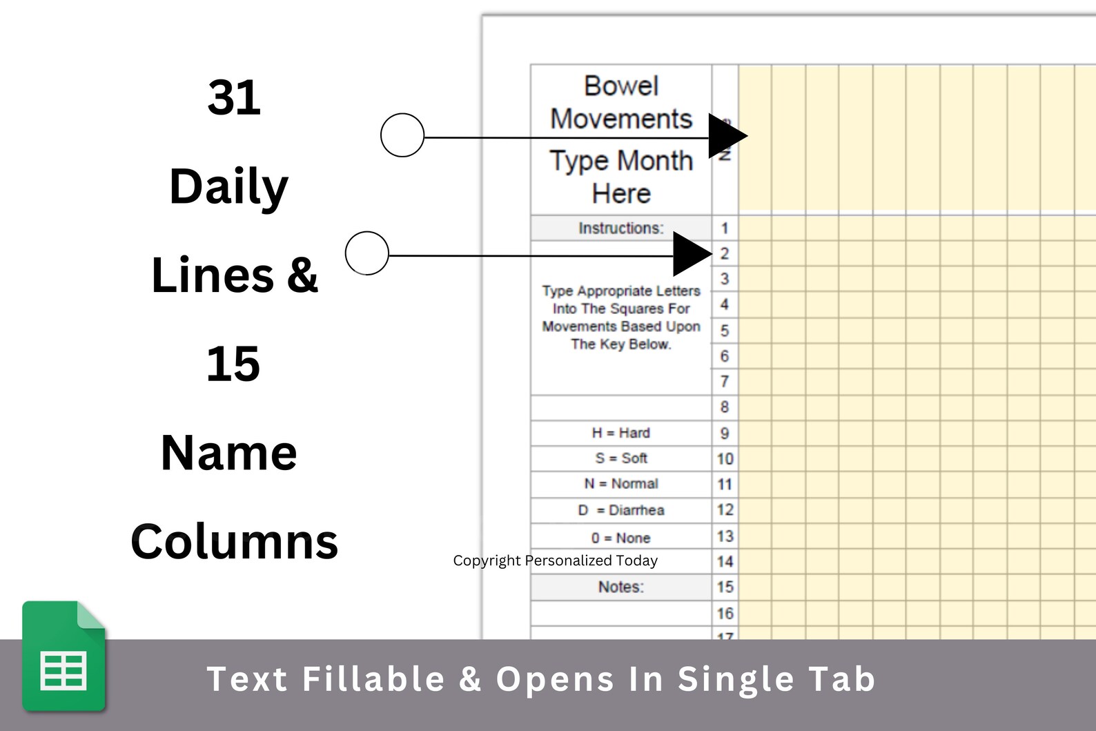 Daily Monthly Bowel Movements Tracker for up to 15 Patients Text ...