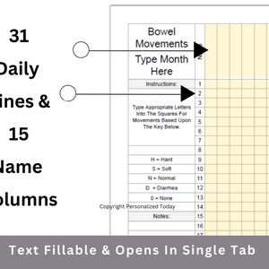 Daily Monthly Bowel Movements Tracker for up to 15 Patients Text ...