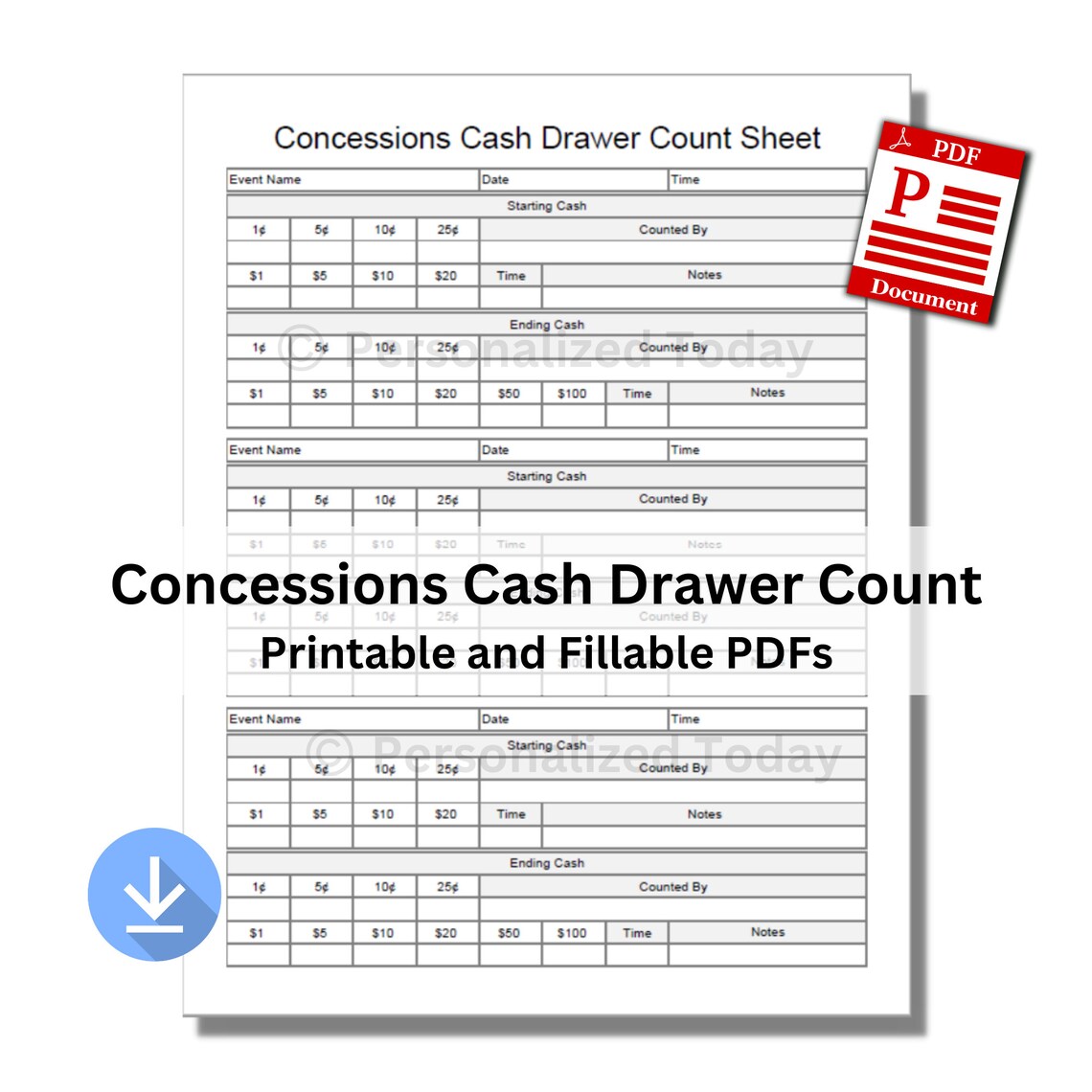 Printable Concessions Cash Drawer Count Sheet Print and Write and ...