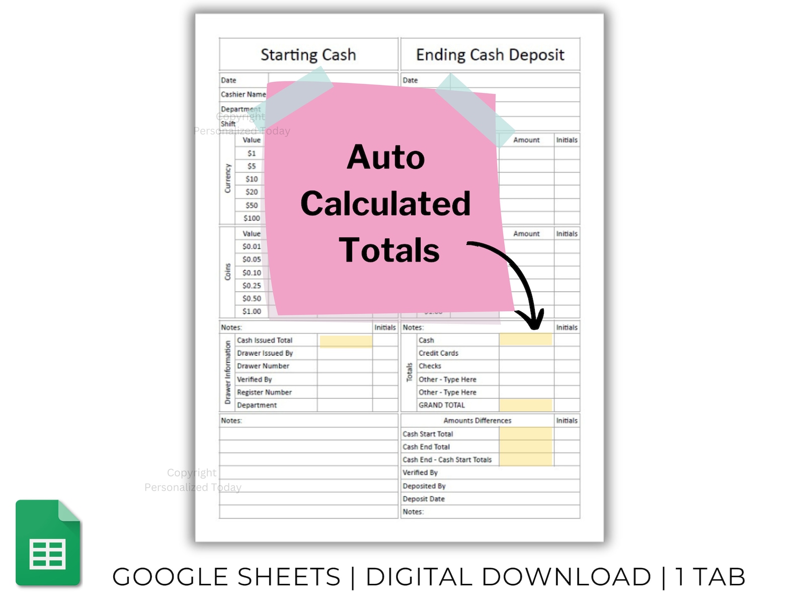 Cash in and Out Money Start and End Cash Drawer Count Cash Register ...