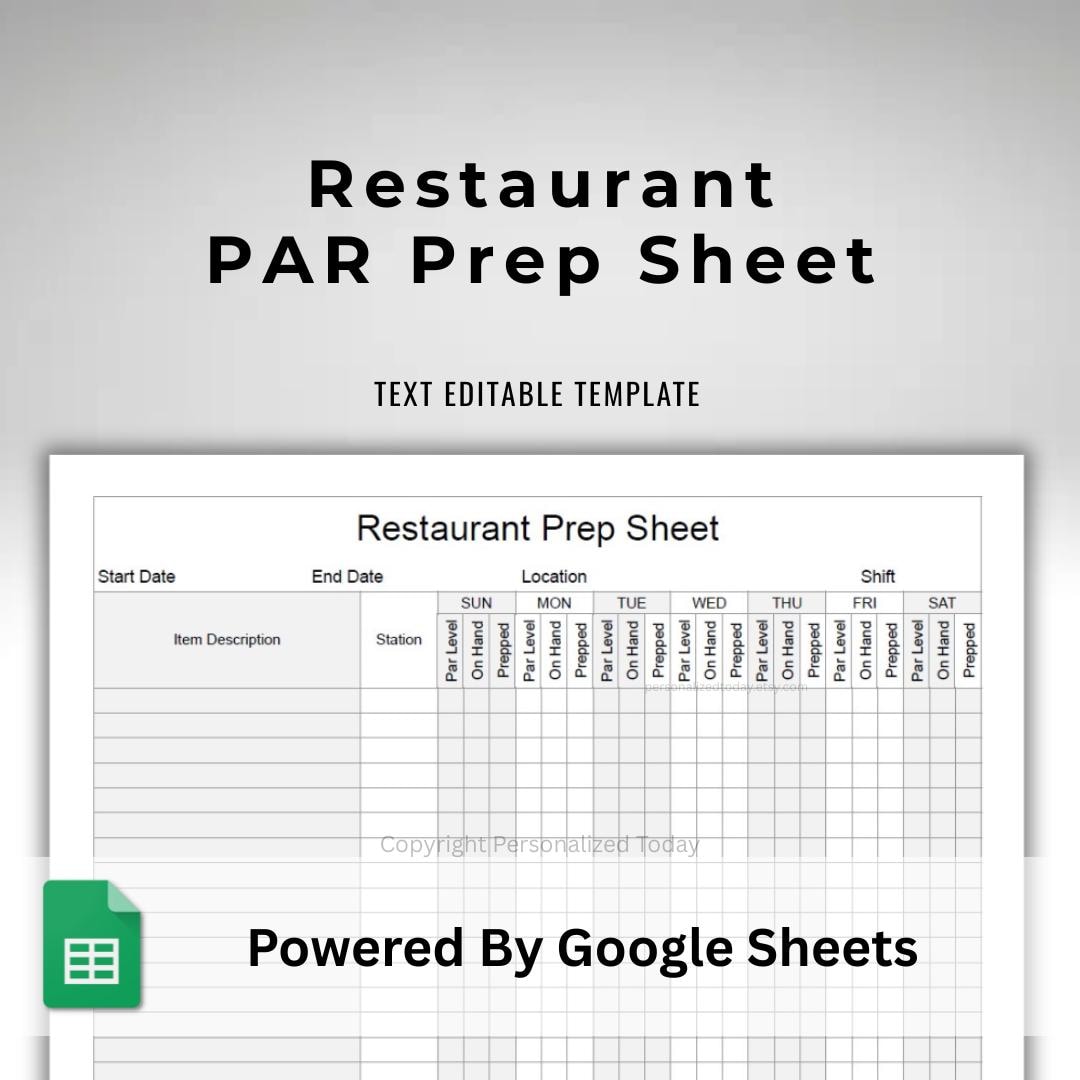 Restaurant Inventory PAR Prep Sheet - Text Editable Google Sheets ...