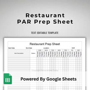 Restaurant Inventory PAR Prep Sheet - Text Editable Google Sheets ...