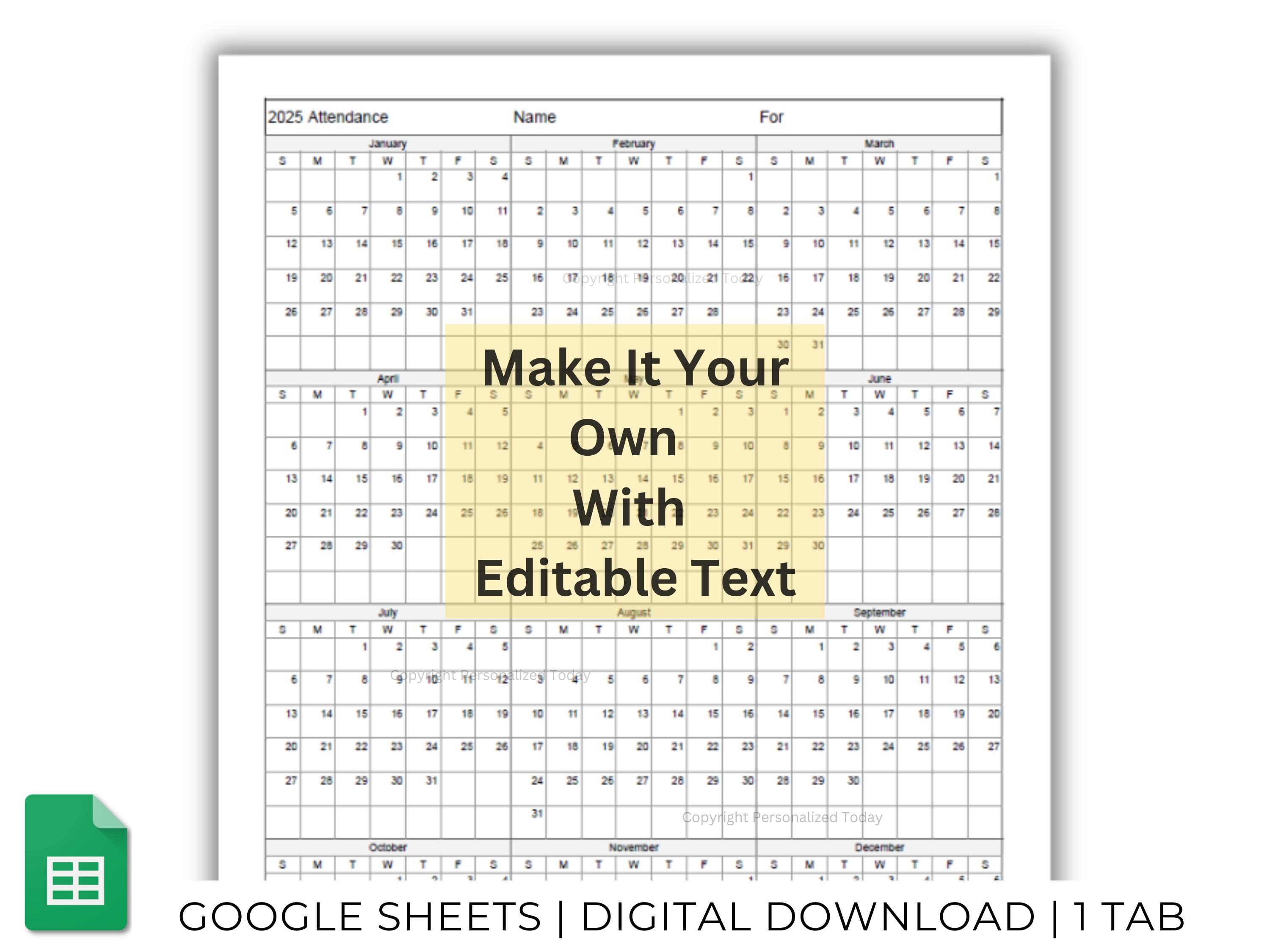 Google Sheets 2025 and 2026 Employee Attendance Calendars - 2025 and ...