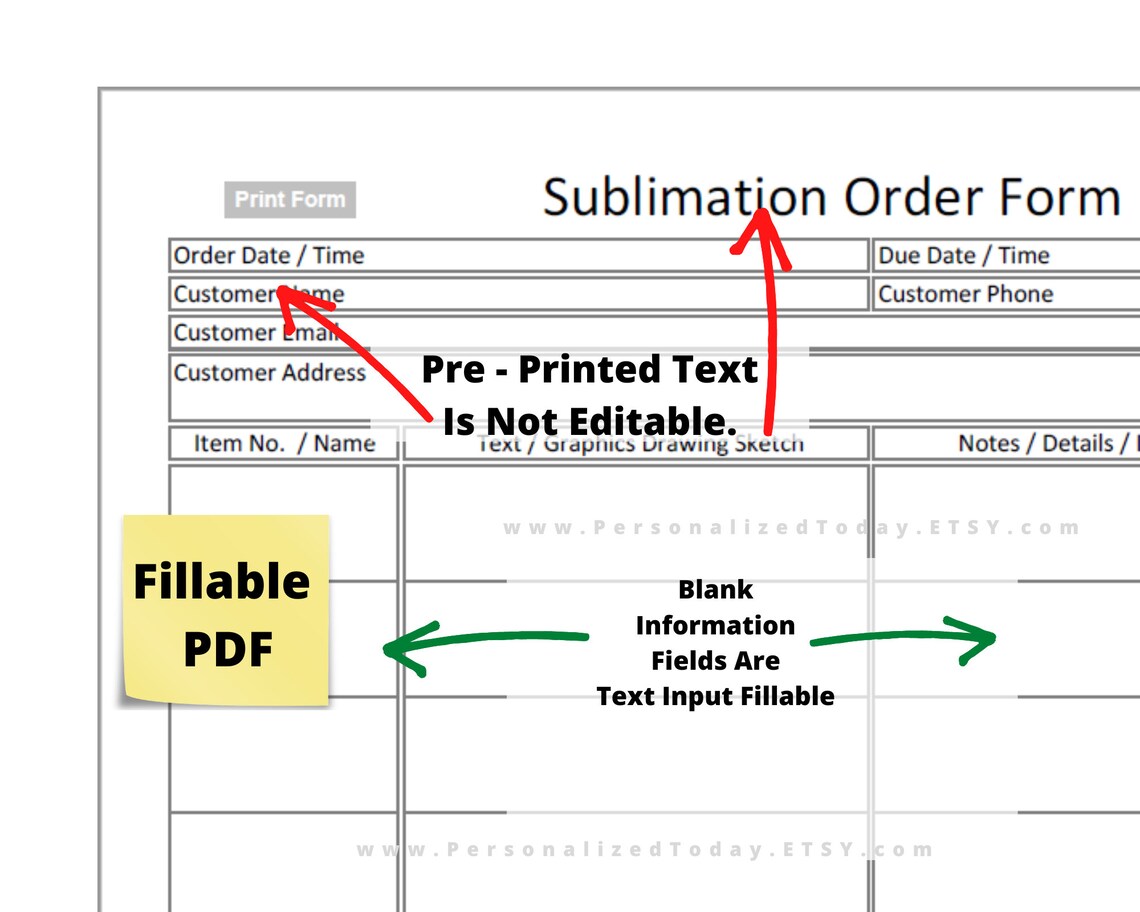Sublimation Order Form Fillable and Print and Write PDF Files - Etsy
