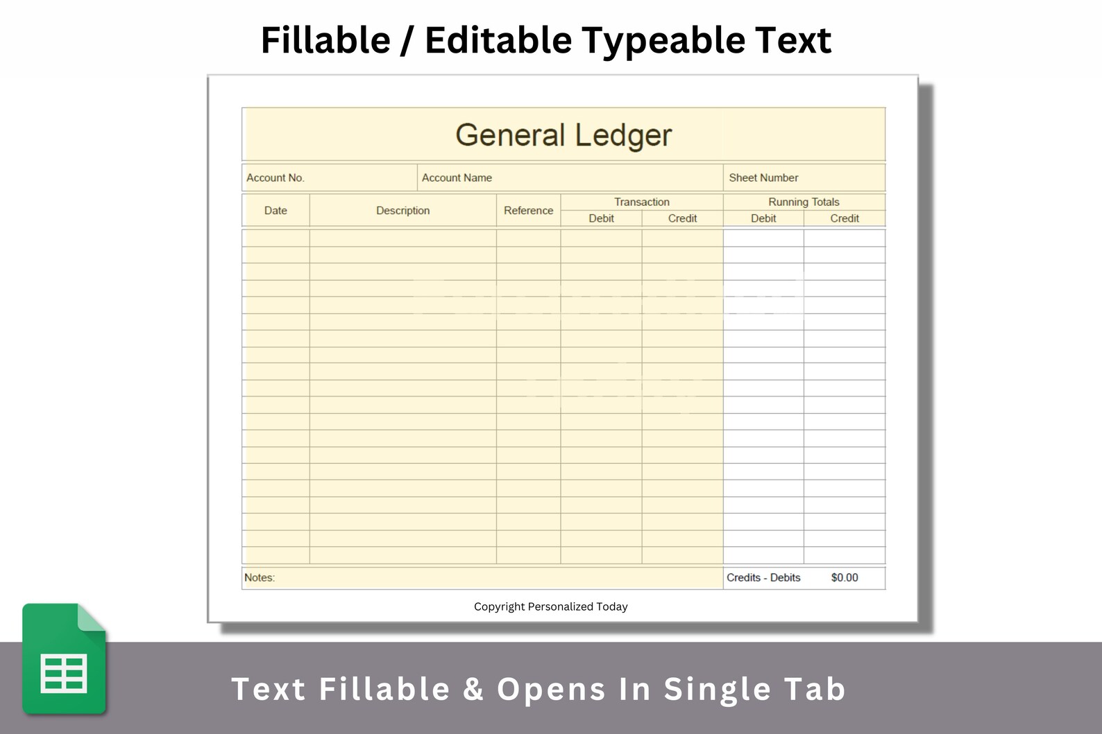 Google Sheets General Ledger Template Text Fillable / Text Editable ...