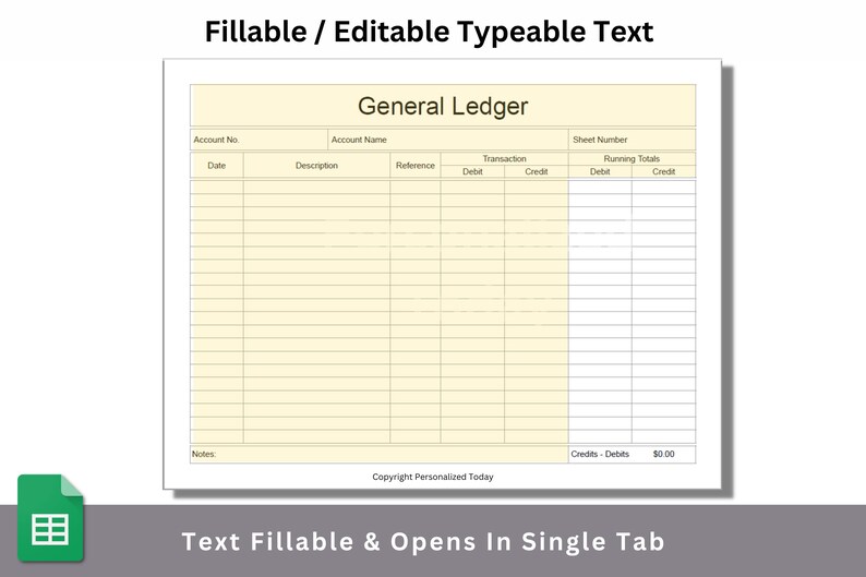 Google Sheets General Ledger Template Text Fillable / Text Editable ...