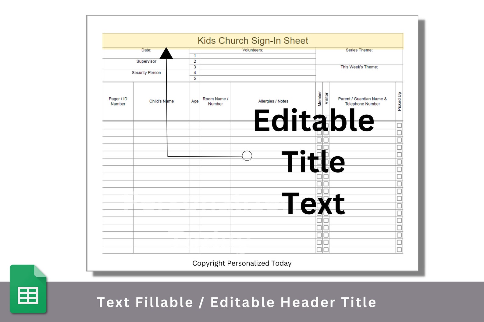 Google Sheets Kids Church Sign in Sheet Template Text Fillable / Text ...