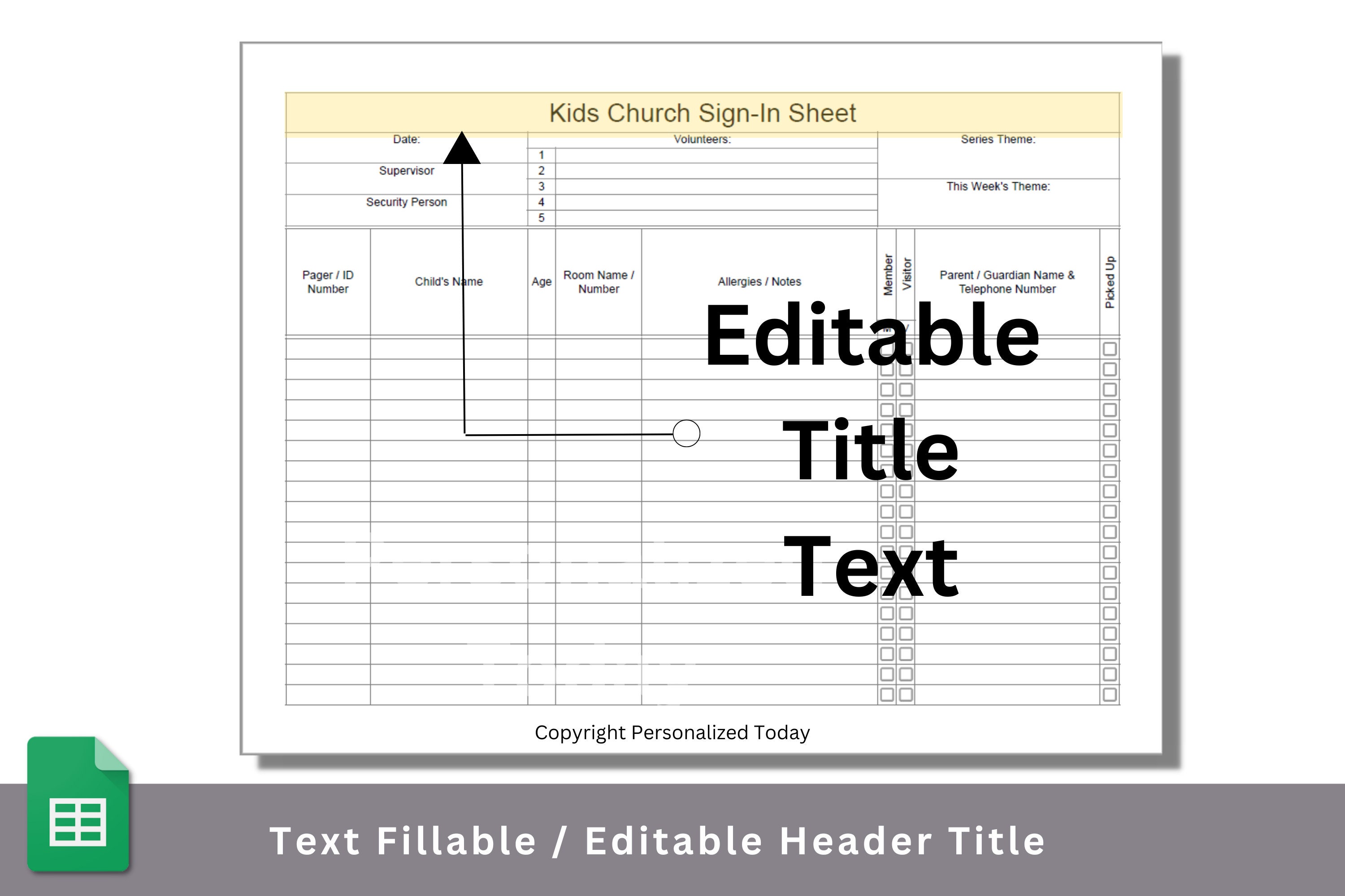 Google Sheets Kids Church Sign in Sheet Template Text Fillable / Text ...