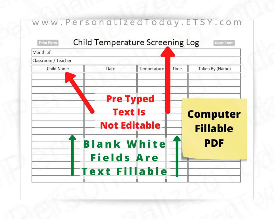 Monthly Child Temperature Screening Log Printable and Fillable | Etsy