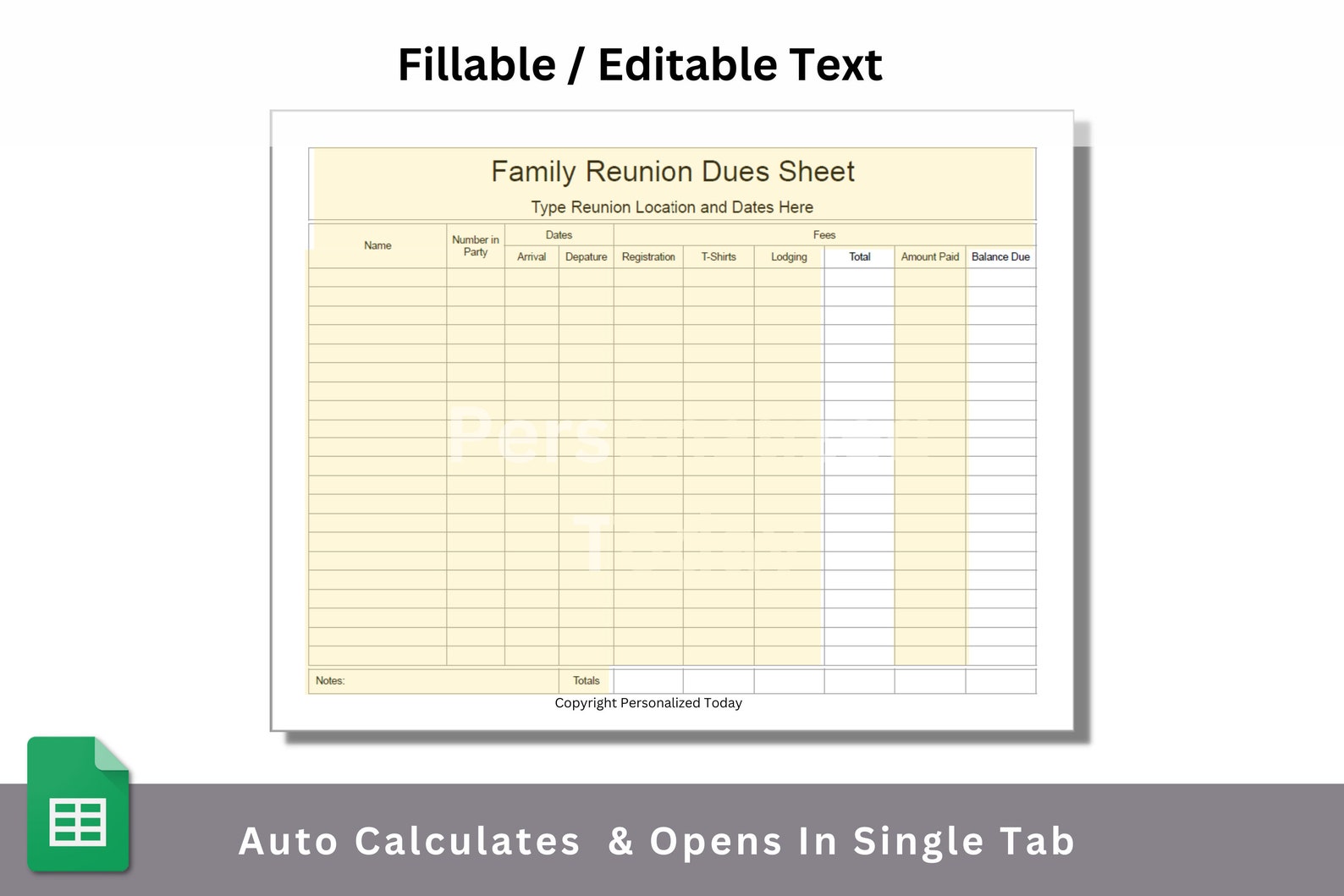 Google Sheets Family Reunion Dues Sheet Template Text Fillable / Text ...