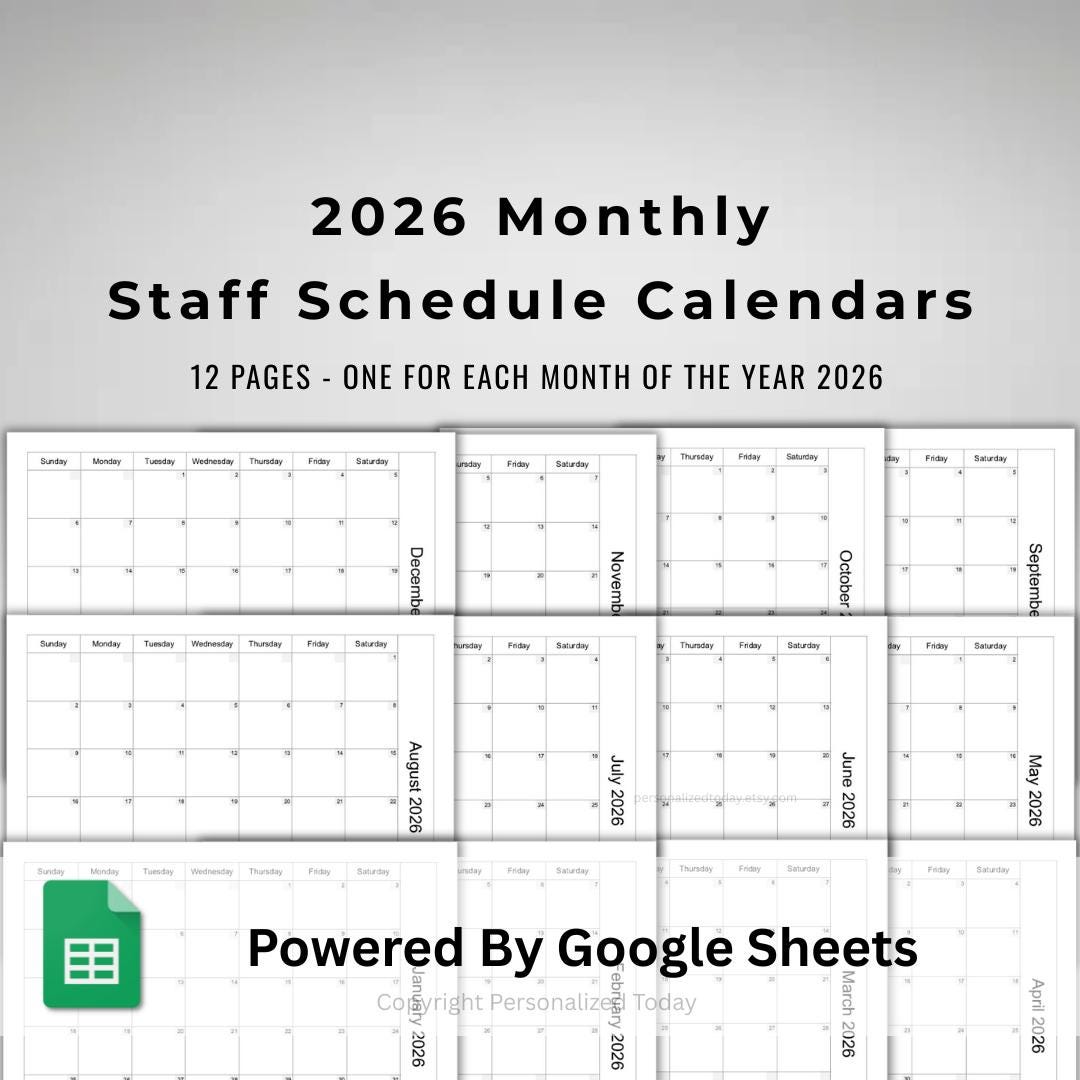 Google Sheets 2026 Monthly Staff Calendars Text Fillable / Text ...