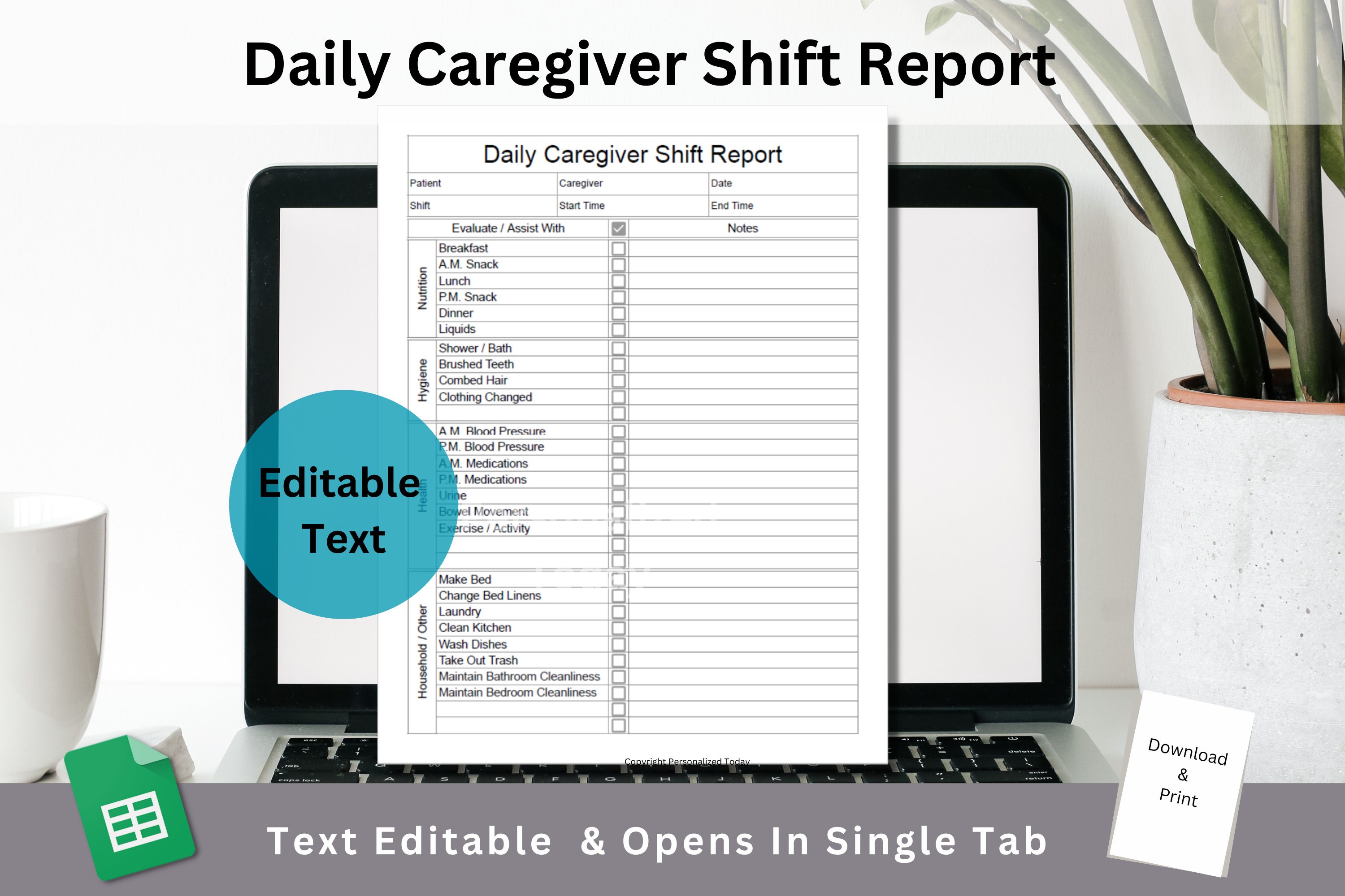 Google Sheets Daily Caregiver Report Resident Care List Template Text Fillable / Text Editable ...