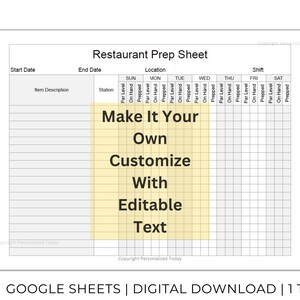 Restaurant Inventory PAR Prep Sheet - Text Editable Google Sheets ...