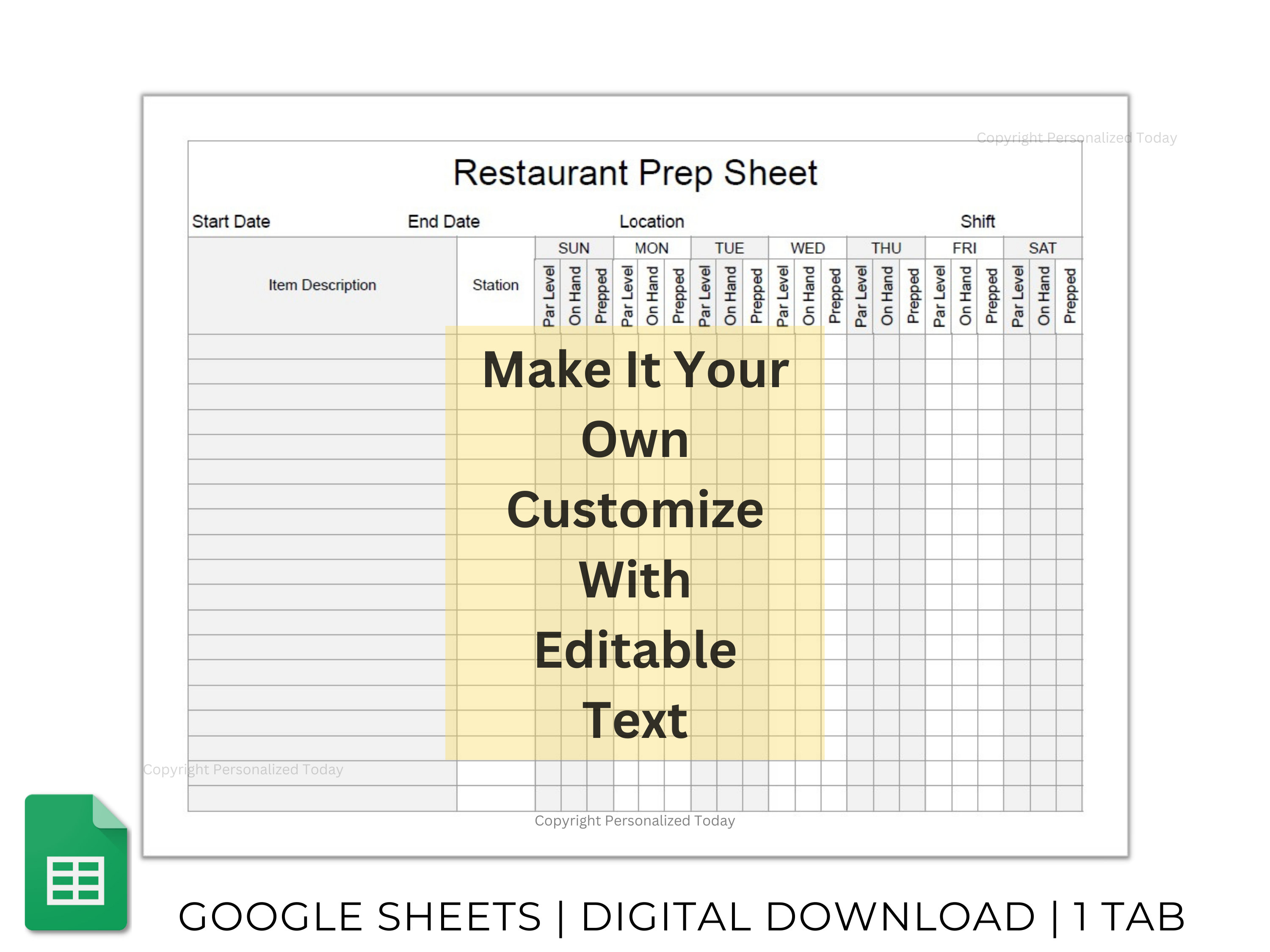 Restaurant Inventory PAR Prep Sheet - Text Editable Google Sheets ...