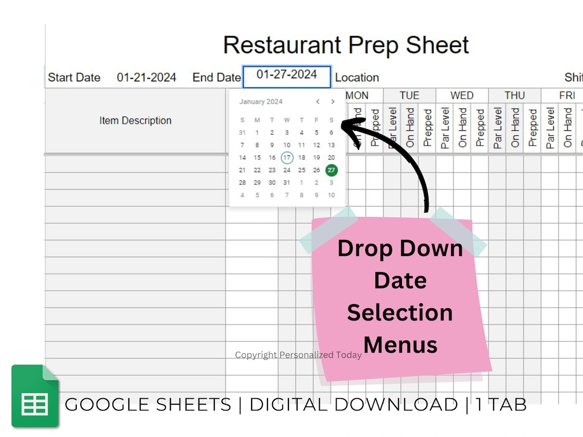 Restaurant Inventory PAR Prep Sheet - Text Editable Google Sheets Template - Fillable Text - PAR ...