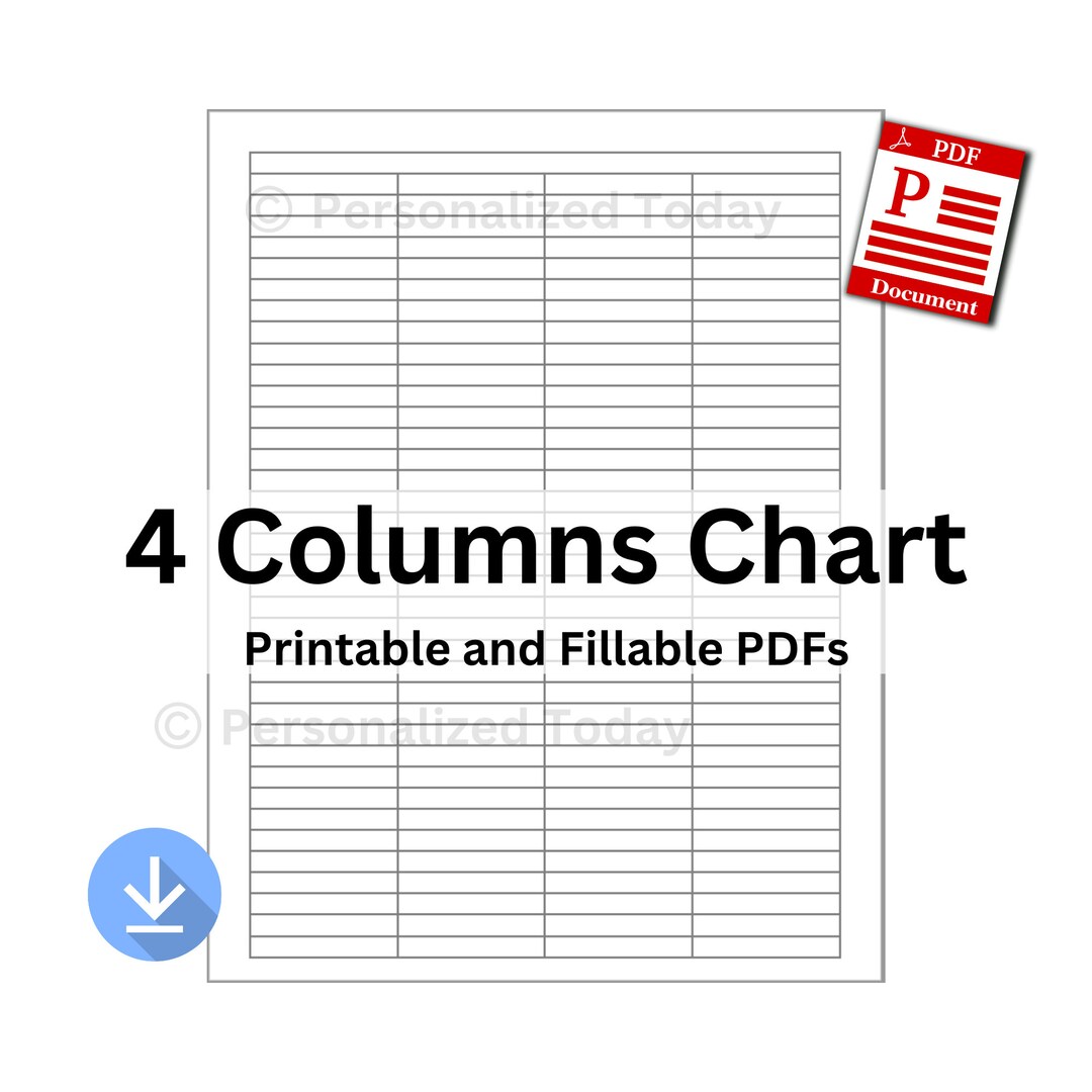 PDF 4 Columns Chart Text Input Fillable and Print and Write - Etsy