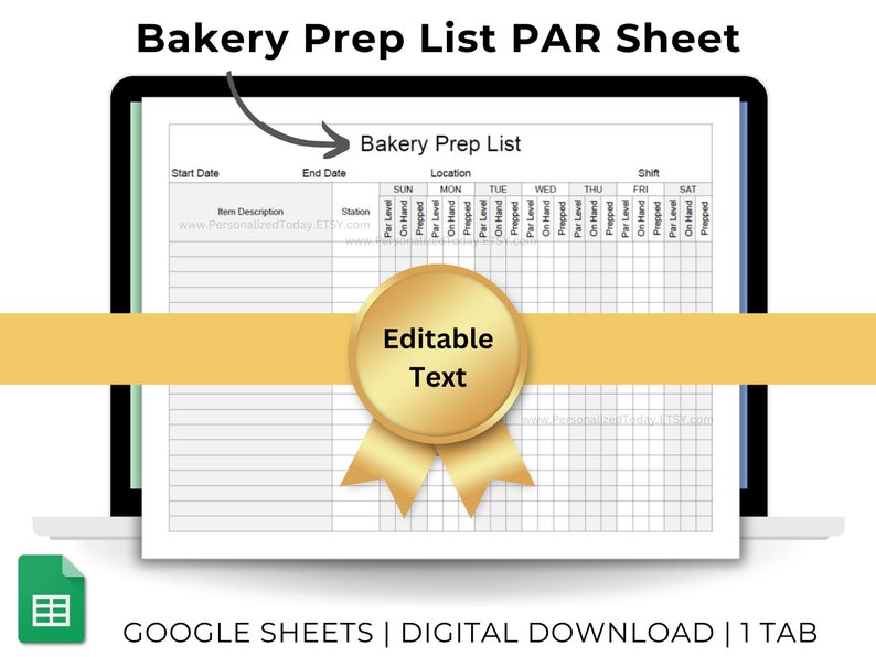 Bakery Prep List PAR Sheet for Pastry Restaurants Bake Shop ...