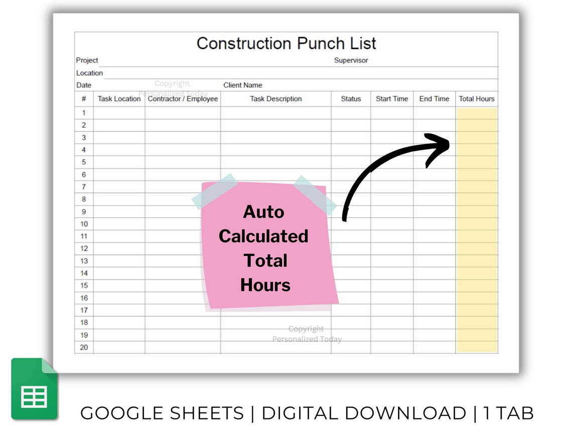 Construction Punch Out List Google Sheets Labor Hours and Tasks Form ...