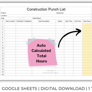 Construction Punch Out List Google Sheets Labor Hours and Tasks Form ...