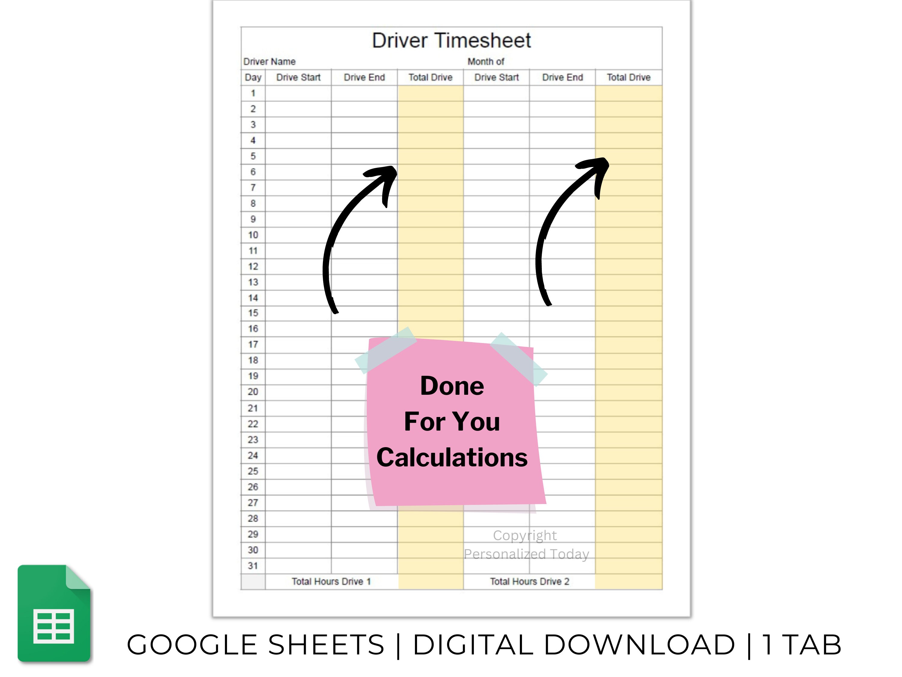Google Sheets Monthly Driver Time Sheet Template Employee Hours ...