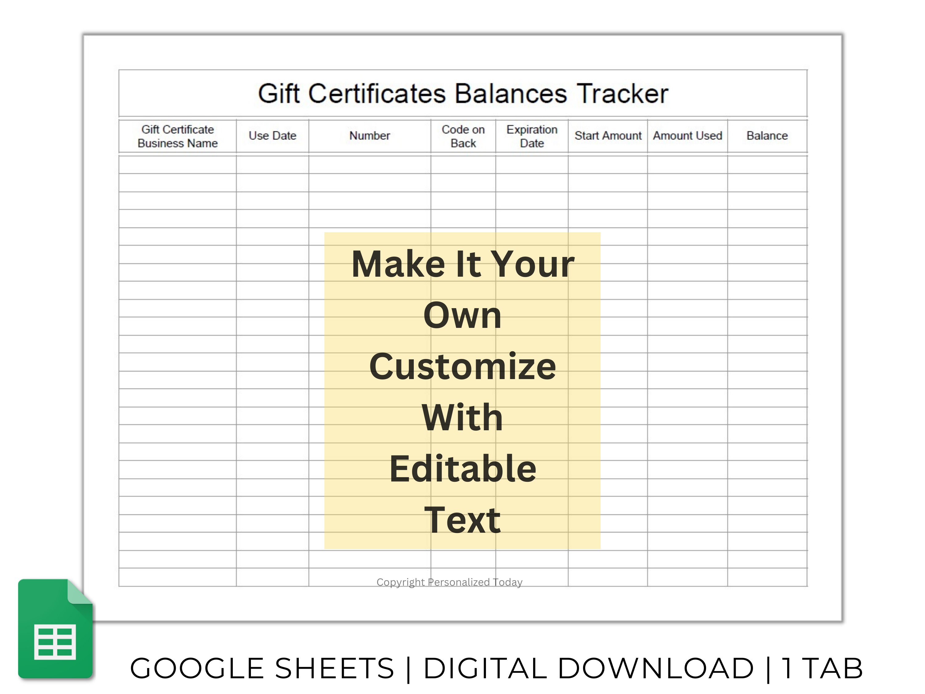 Gift Certificate Balances Tracker Text Editable Google Sheets Template ...