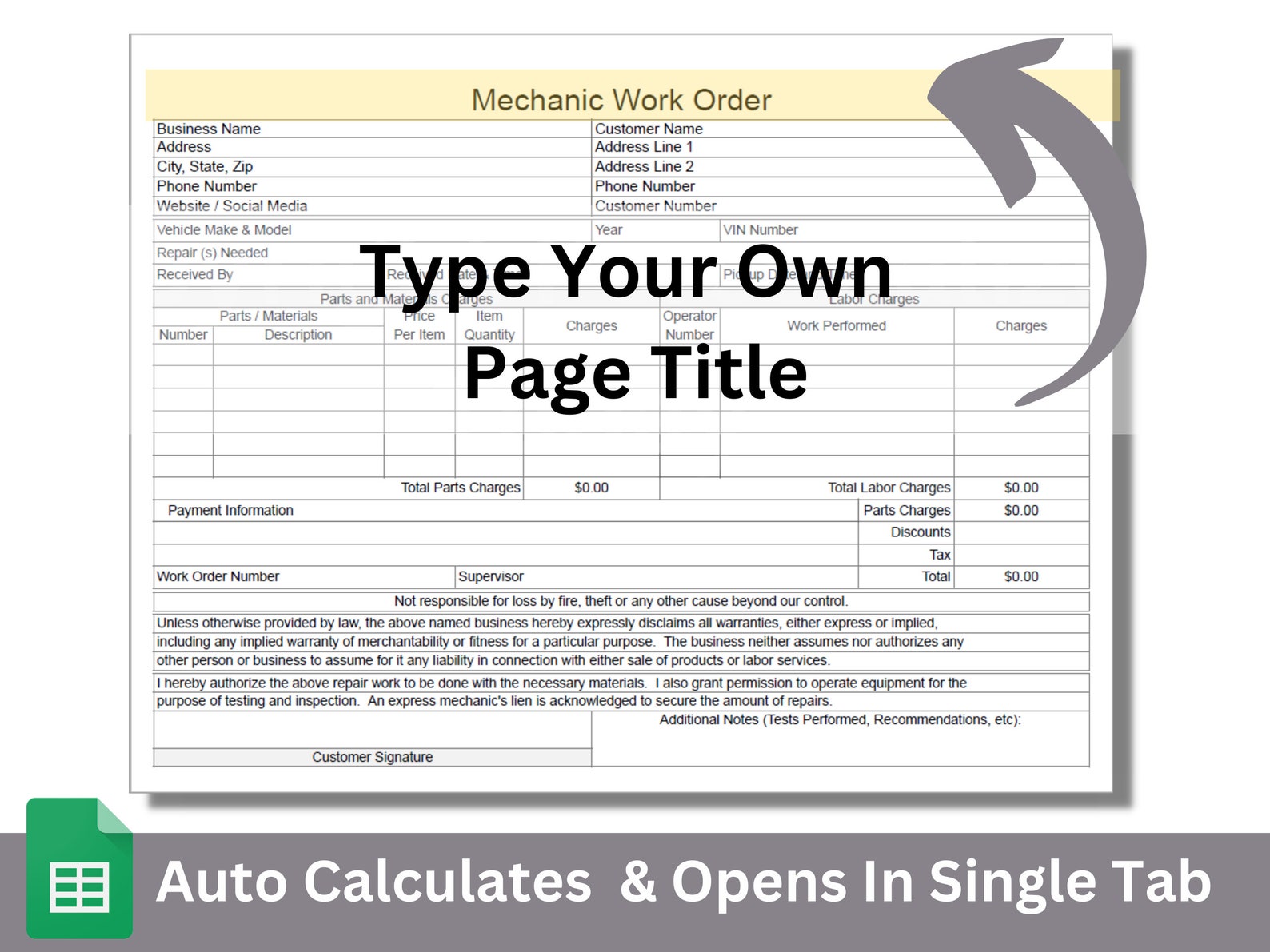 Mechanic Work Order Automotive Invoice Google Sheets Editable ...