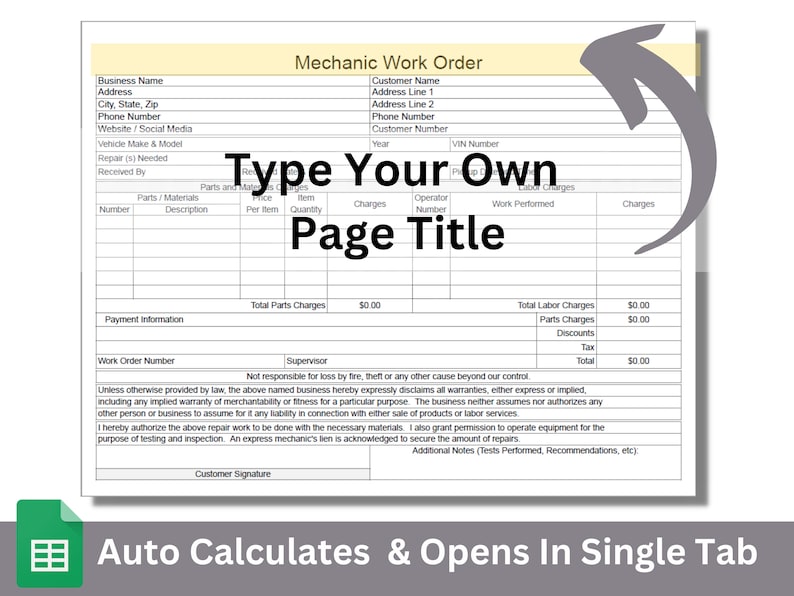 Mechanic Work Order Automotive Invoice Google Sheets Editable ...