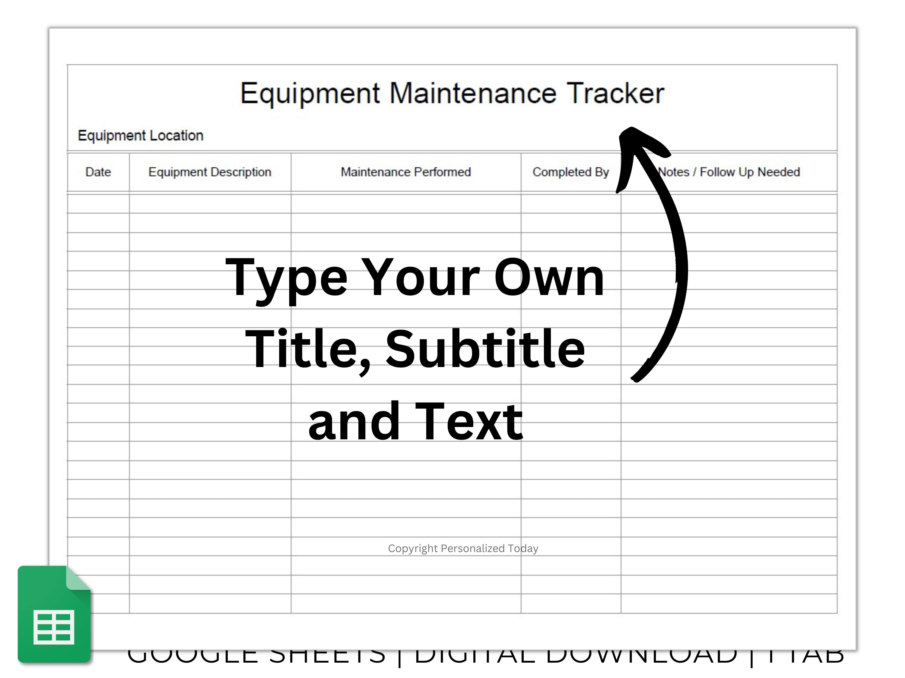 Equipment Maintenance Tracker Text Editable Repair and Preventative ...
