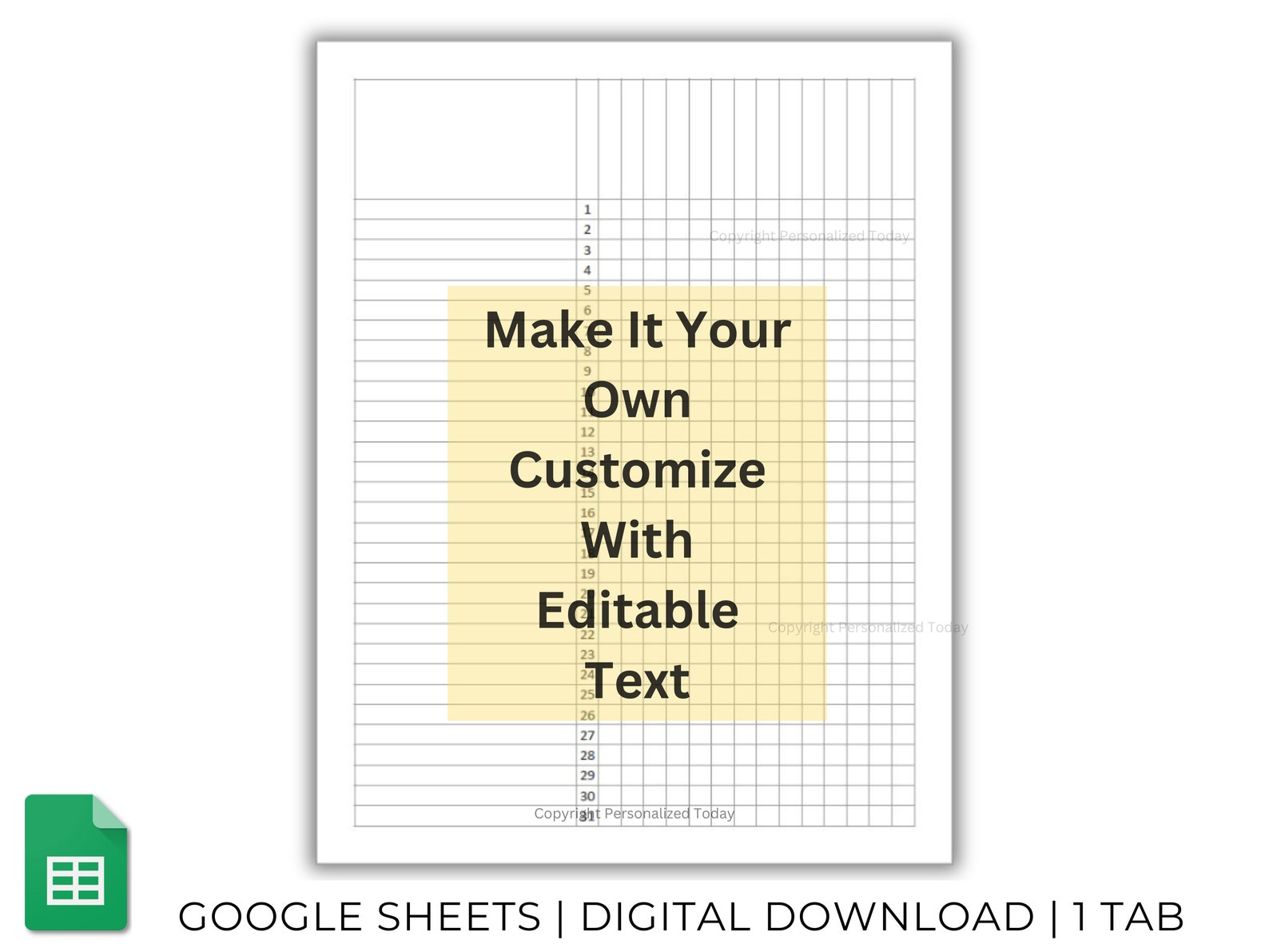 Google Sheets Blank Monthly Grid Chart - Attendance or Grades Tracker ...