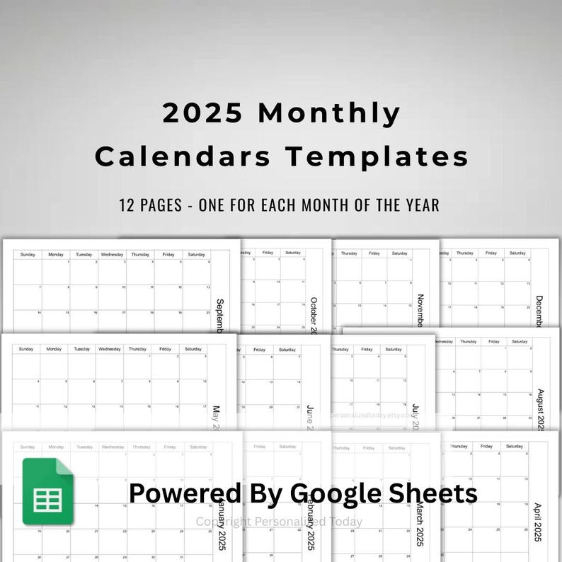 Google Sheets 2025 Monthly Calendars Text Fillable / Text Editable ...