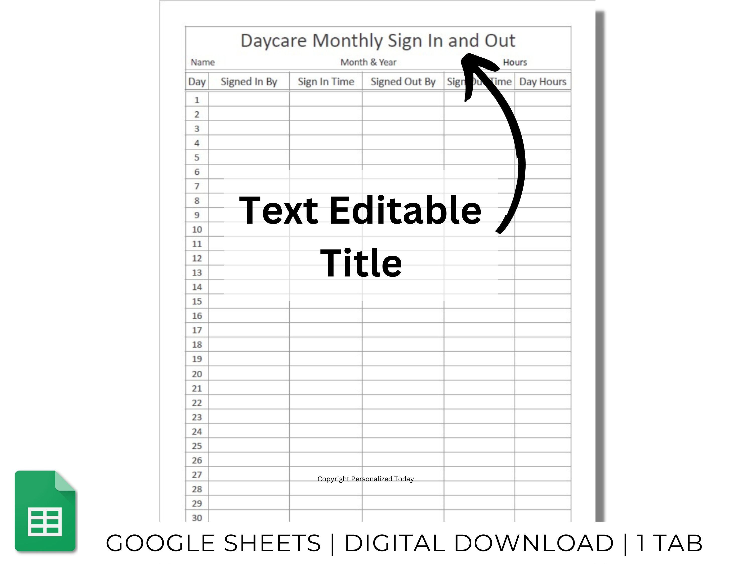 Daycare Monthly Sign in and Out, Student Name Auto Calculating Sign in ...