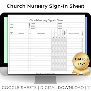 Church Nursery Sign in Sheet Text Editable Google Sheets Template - US ...