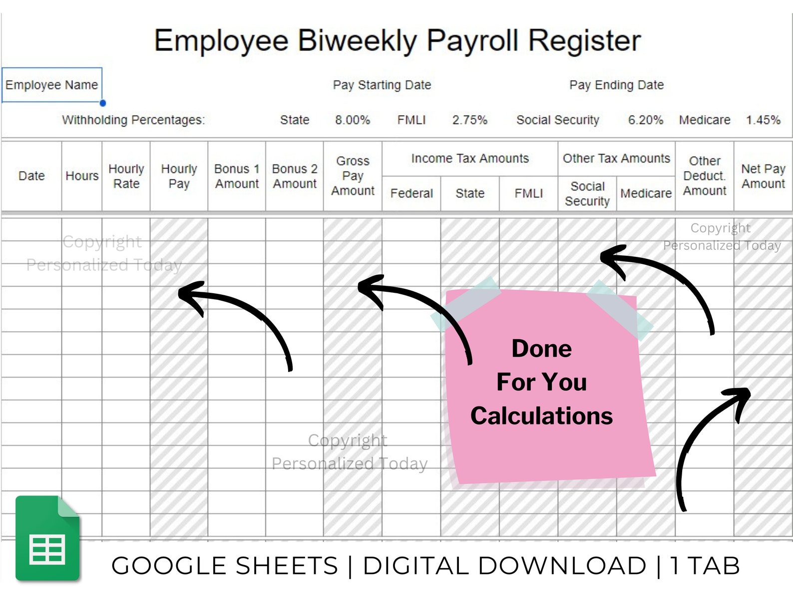 Biweekly Payroll Ledger Google Sheets Template Text Editable Payroll ...
