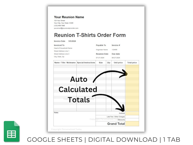 Family Reunion T-shirts Order Form Shirts Total Calculation Spreadsheet ...